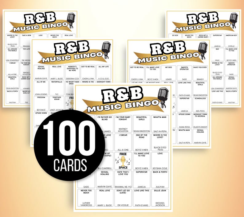 R & B Bingo, Rhythm and Blues Song Bingo, Blues Music Bingo, 100 ...