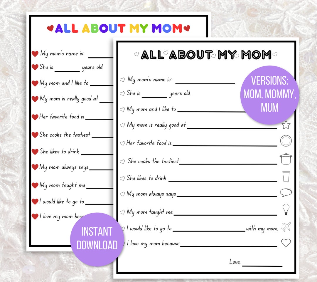 All About My Mom Fill in the Blanks Questionnaire, Mother's Day Craft ...