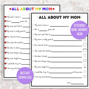 All About My Mom Fill in the Blanks Questionnaire, Mother's Day Craft ...