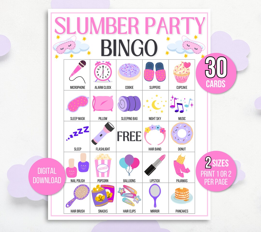 Slumber Party Bingo, Pajama Party Bingo, Sleepover Bingo, 30 Slumber ...