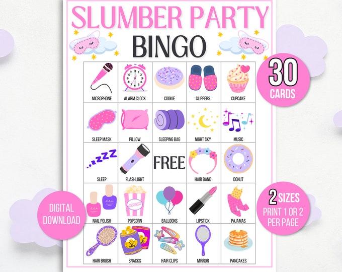 Pajama Slumber Party - Bingo Cards and Markers - Girls Sleepover Birthday Party Bingo Game - Set ...