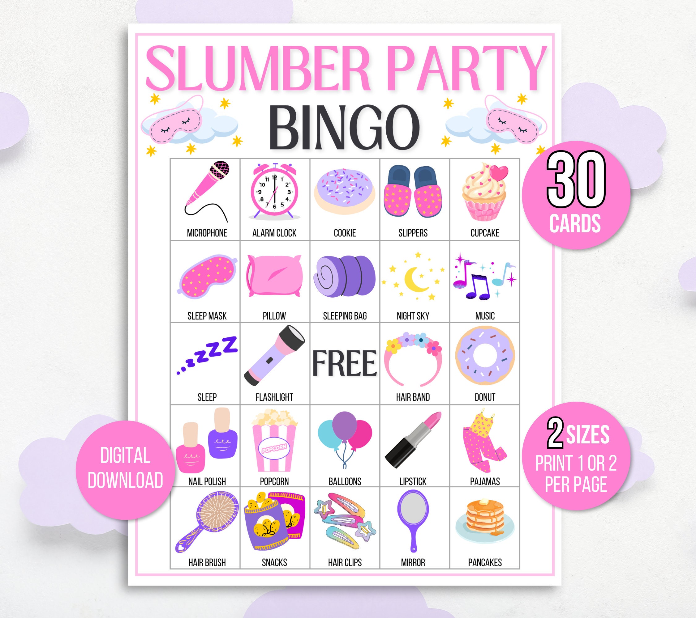 Slumber Party Bingo, Pajama Party Bingo, Sleepover Bingo, 30 Slumber ...
