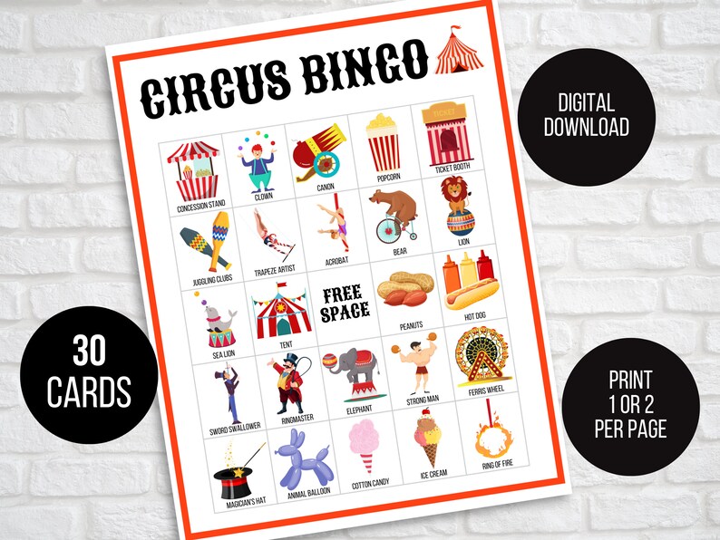 Circus Bingo 30 Printable Circus Bingo Cards Circus Party - Etsy