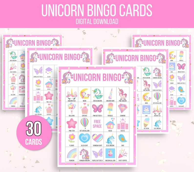 Unicorn Bingo, 30 Printable Unicorn Bingo Cards, Unicorn Birthday ...