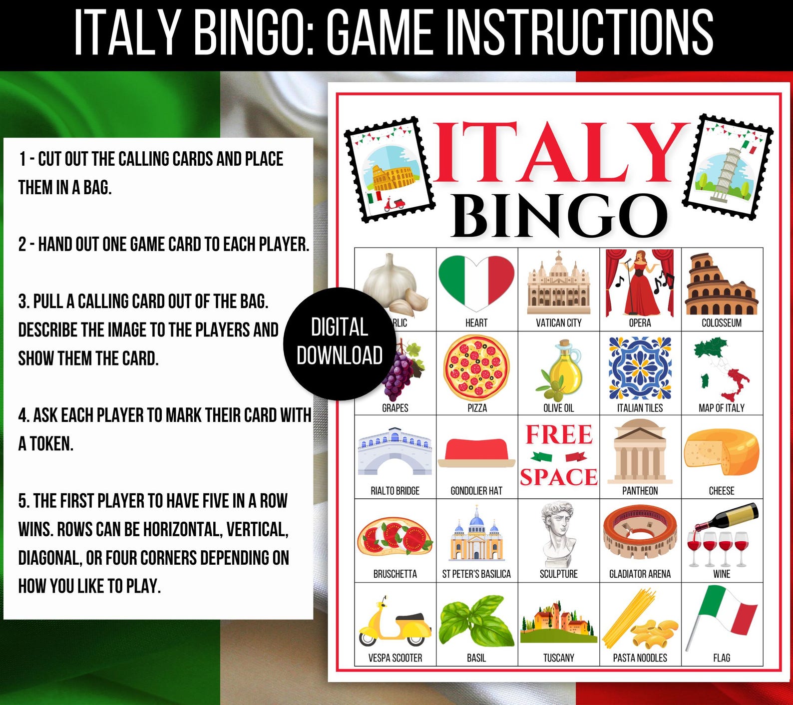 Italy Bingo, 60 Italy Travel Bingo Cards, Travel Bingo, Italian Bingo ...