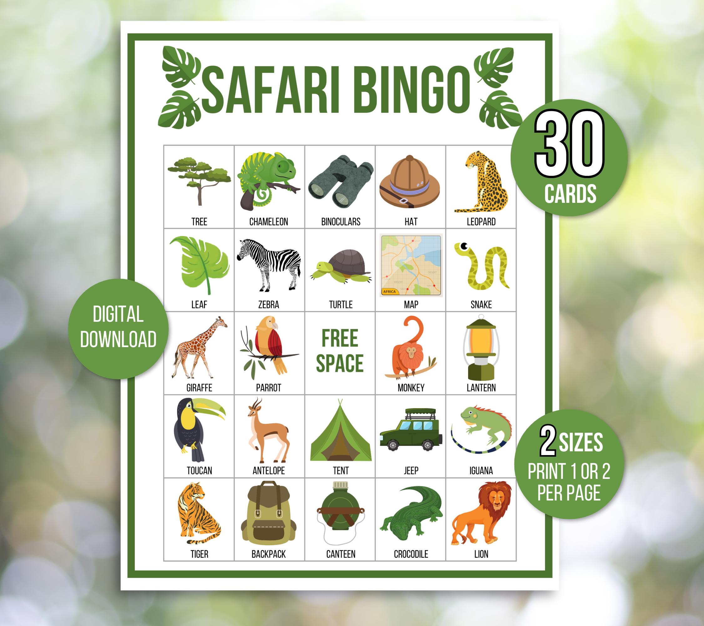Safari Bingo, 30 Printable Safari Bingo Cards, Safari Party Game ...