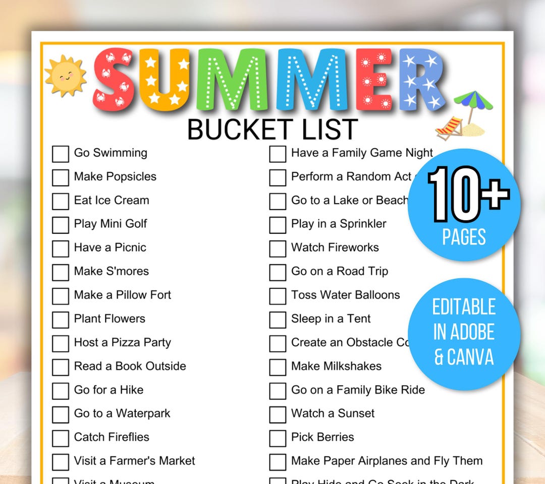 Editable Summer Bucket List, Summer Calendar Poster, Summer Checklist ...