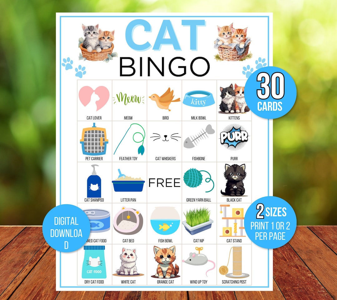 Cat Bingo, 30 Printable Cat Bingo Cards, Cat Birthday Party Game, Cat ...