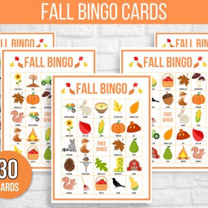 Fall Bingo, 30 Fall Bingo Cards, Fall Picture Bingo, Autumn Bingo ...