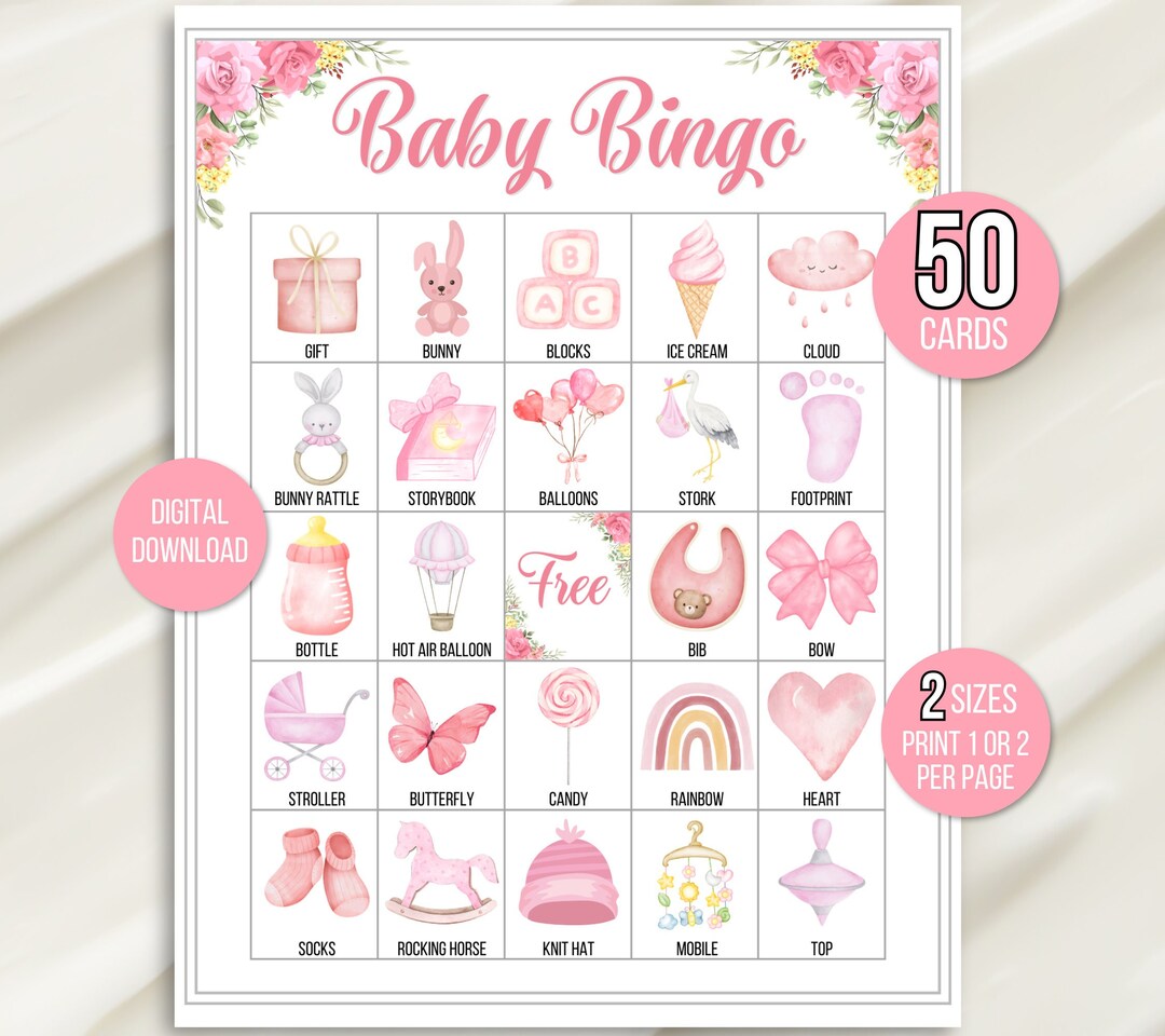 Baby Girl Bingo, 50 Baby Shower Bingo Cards, Baby Girl Shower Printable ...