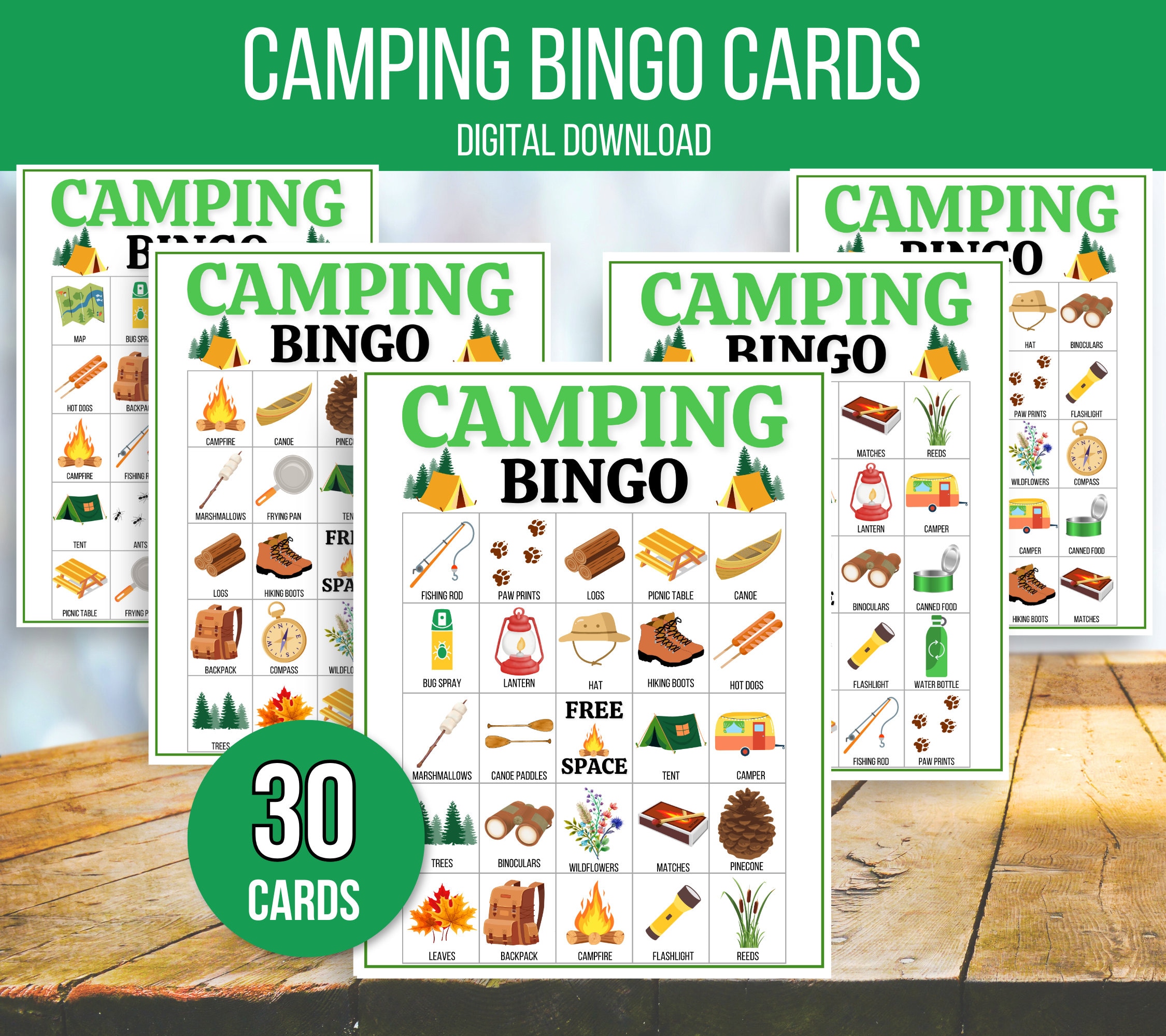 Camping Bingo, 30 Printable Camping Bingo Cards, Camping Game, Camping ...