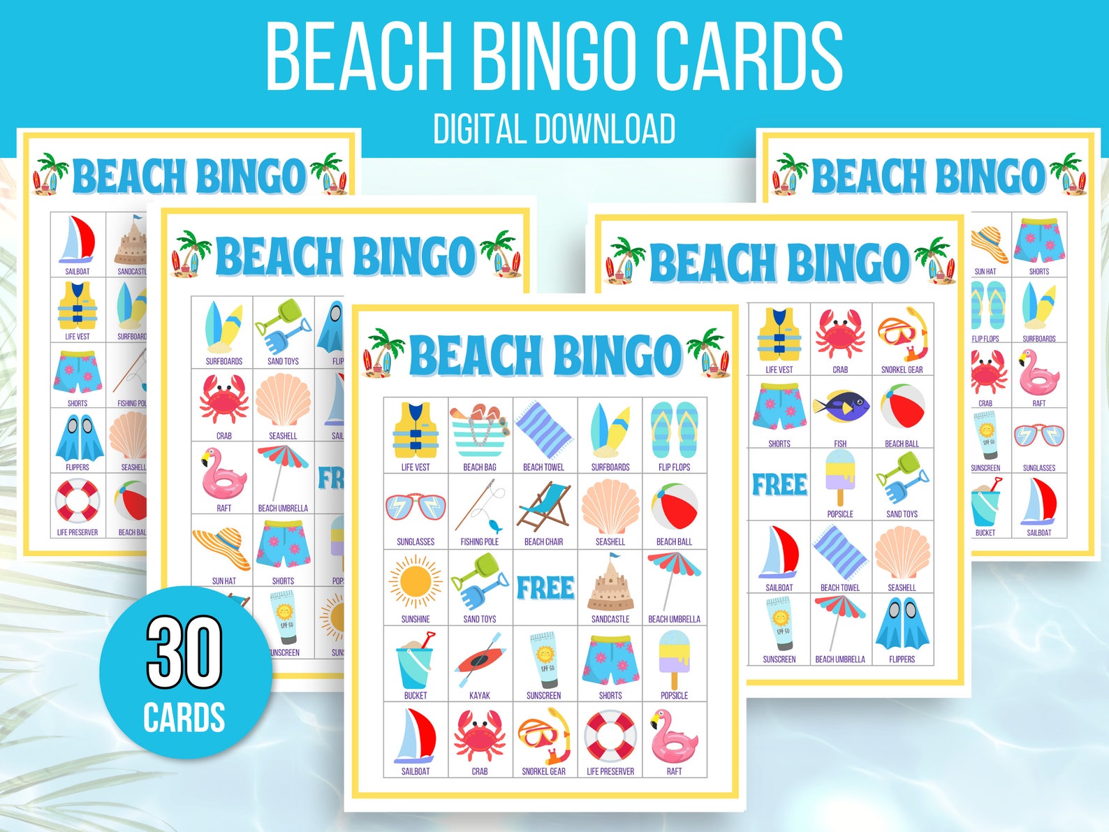 Beach Bingo, Fun in the Sun Bingo, 30 Printable Beach Bingo Cards ...