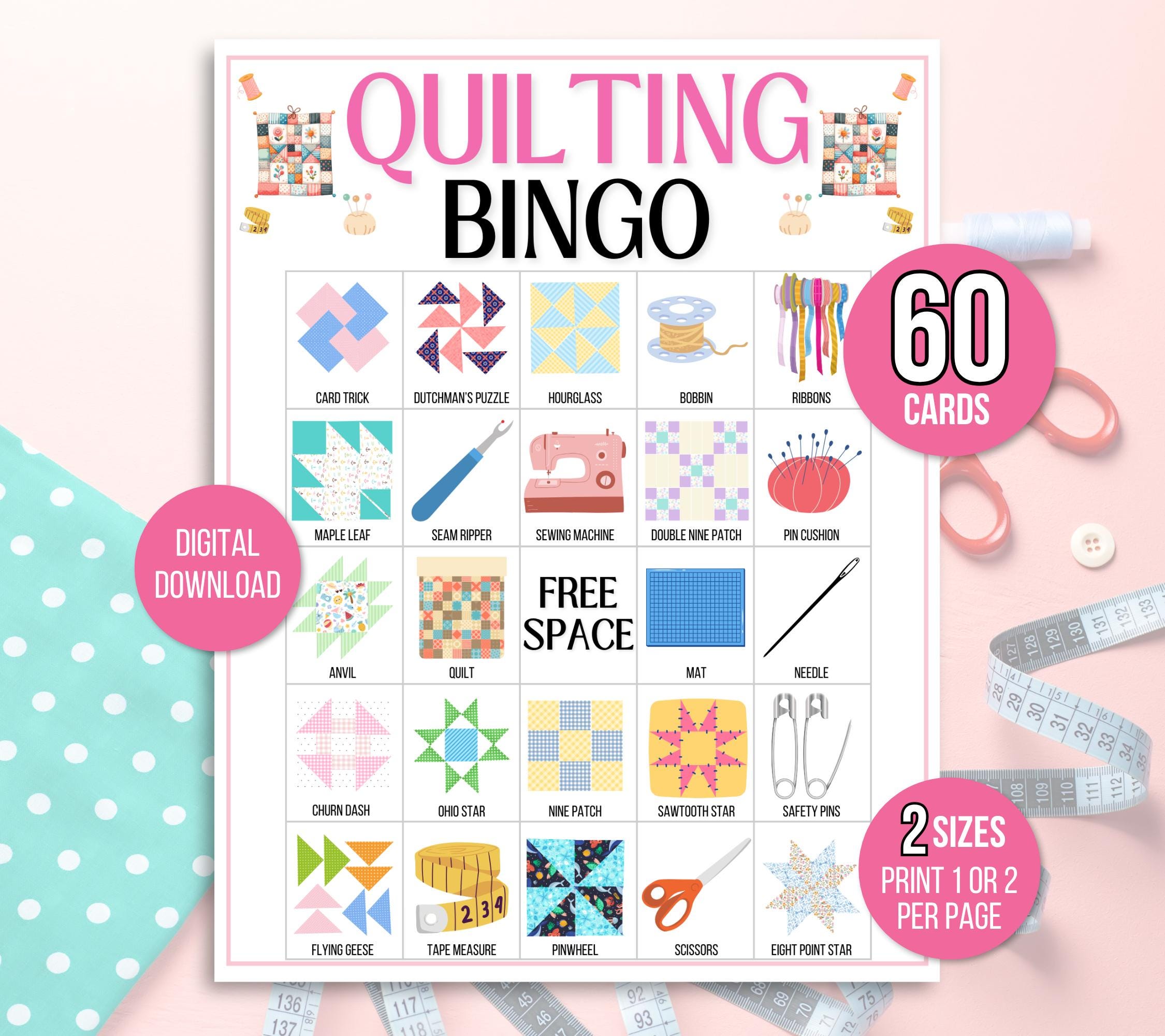 Quilt Bingo, 60 Printable Quilt Bingo Cards, Quilting Bingo, Quilting ...