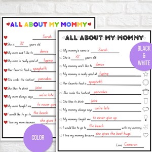 All About My Mom Fill in the Blanks Questionnaire, Mother's Day Craft ...