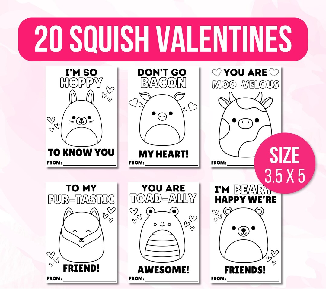 Squish Valentines Coloring Cards, 20 Squish Valentine Cards, Valentine ...