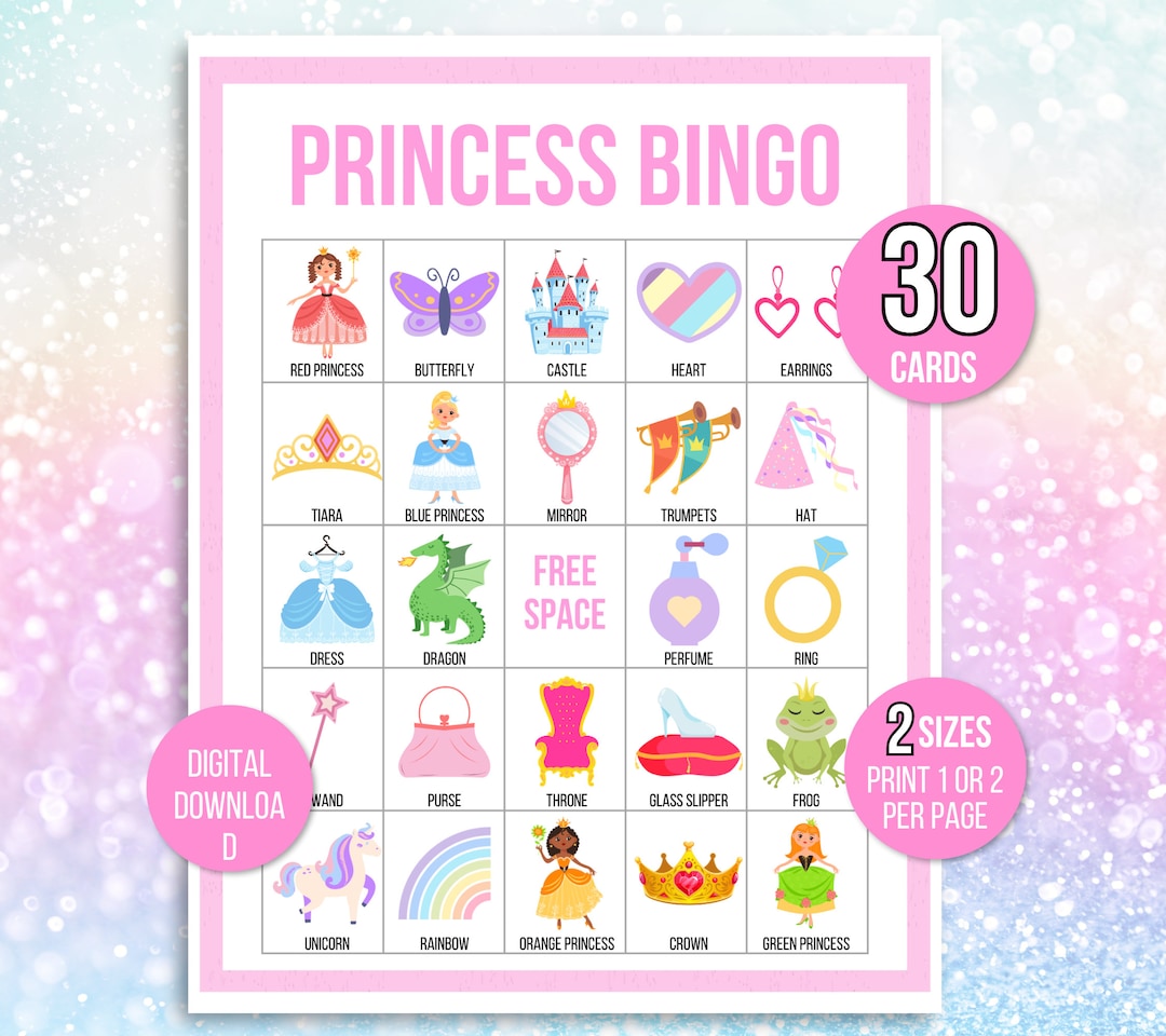 Princess Bingo, 30 Printable Princess Bingo Cards, Princess Birthday ...