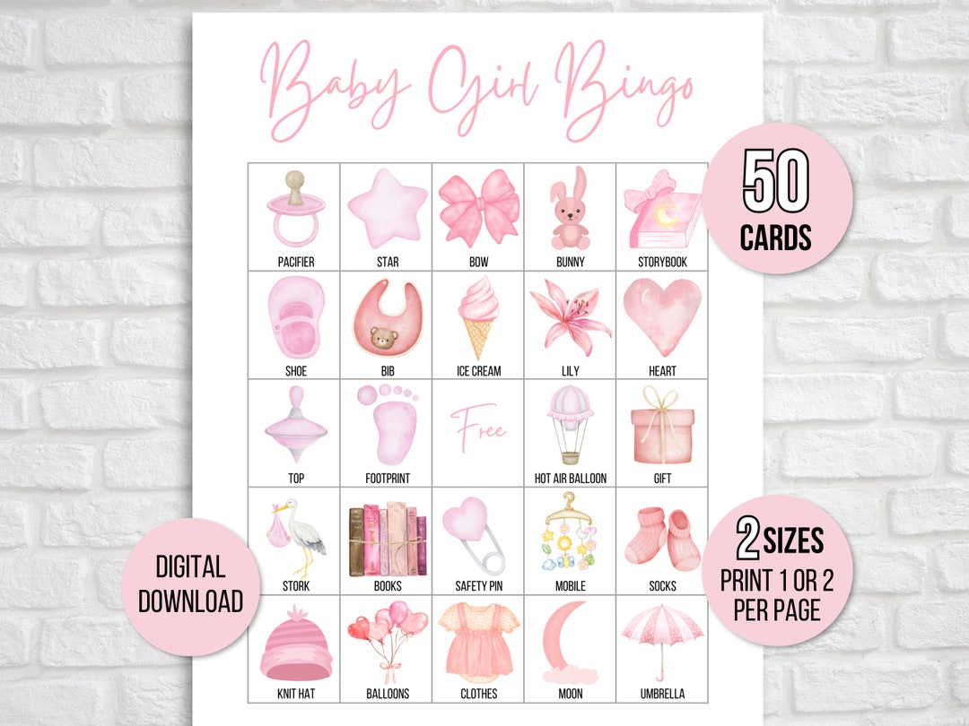 Baby Girl Bingo, 50 Baby Shower Bingo Cards, Baby Girl Shower Printable ...