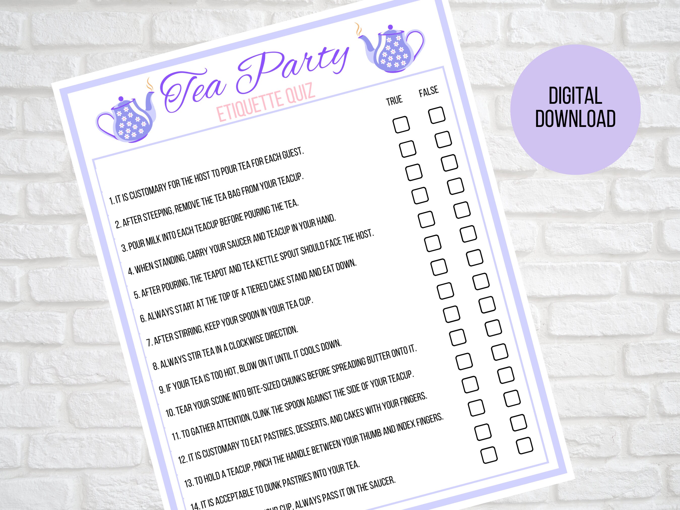 Tea Party Etiquette Game Printable Tea Etiquette Game Tea - Etsy Australia
