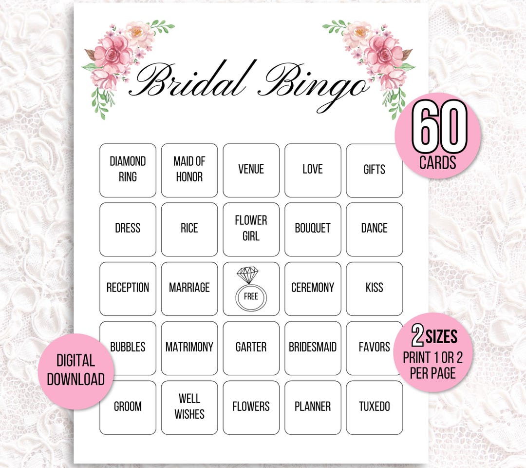 60 Bridal Bingo Cards, Unique Prefilled Bridal Bingo Game Cards ...