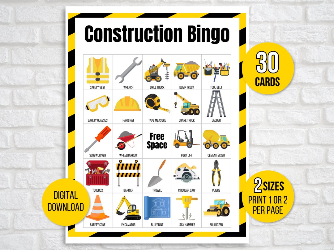Construction Bingo, 30 Printable Construction Bingo Cards, Construction ...