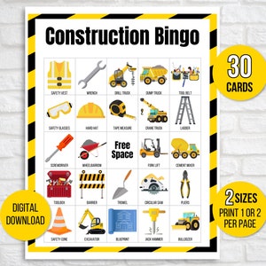 Construction Bingo, 30 Printable Construction Bingo Cards, Construction ...
