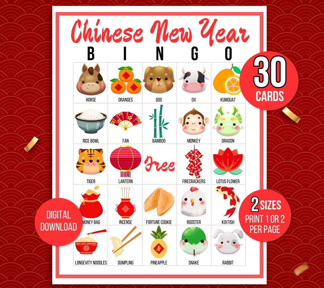 Chinese New Year Bingo, 30 Chinese New Year Bingo Cards, Chinese New ...