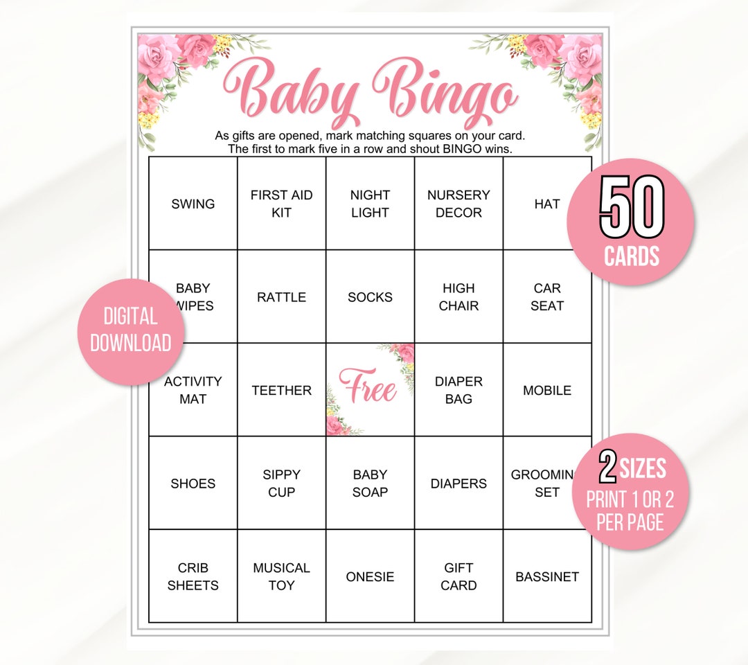 50 Baby Shower Bingo Cards, Baby Girl Bingo Game Cards, Baby Gift Bingo ...