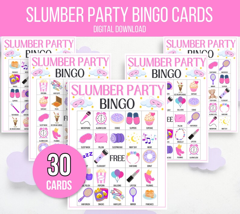Slumber Party Bingo, Pajama Party Bingo, Sleepover Bingo, 30 Slumber ...