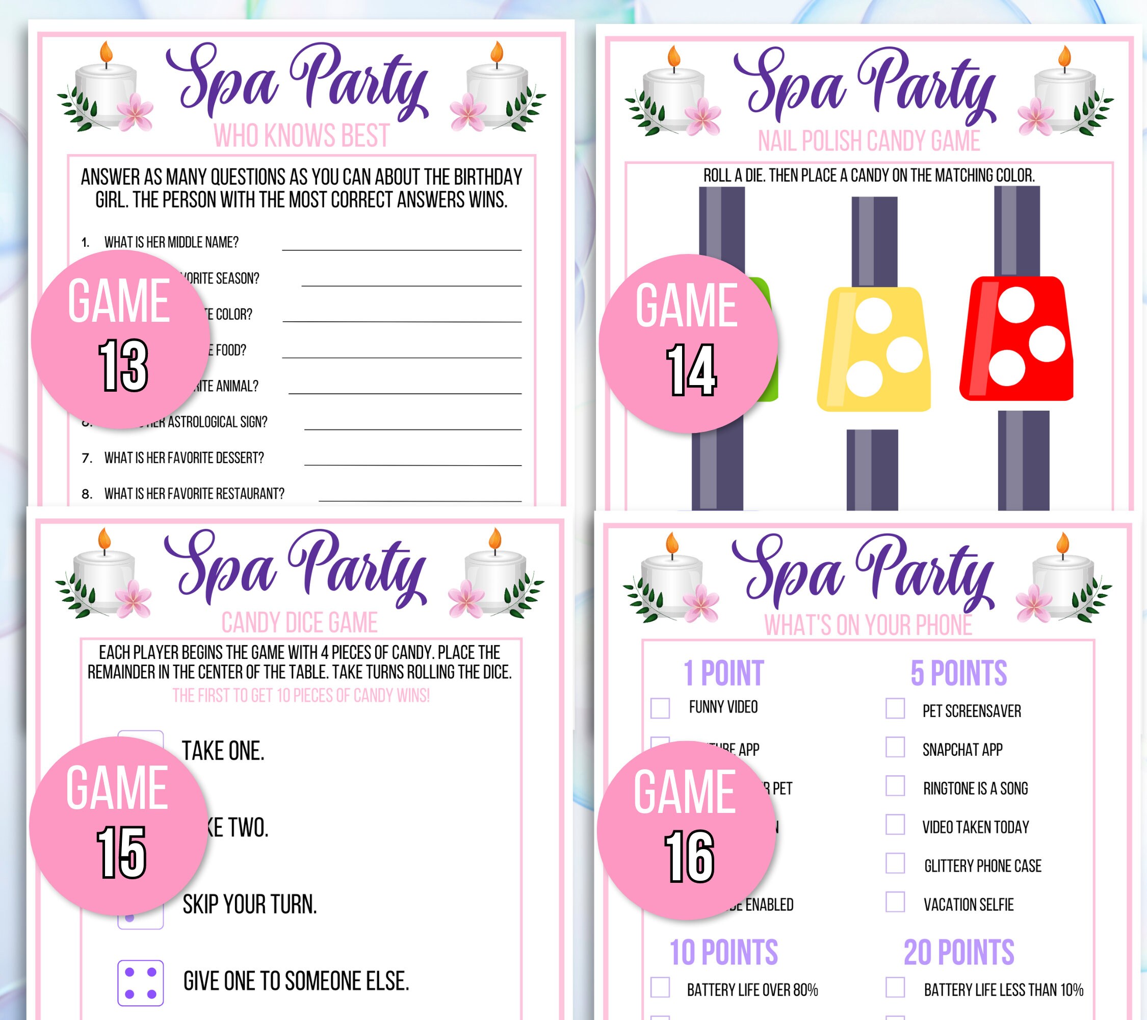 Spa Party Games Printable, Spa Party Activities, Girls Spa Party Games ...