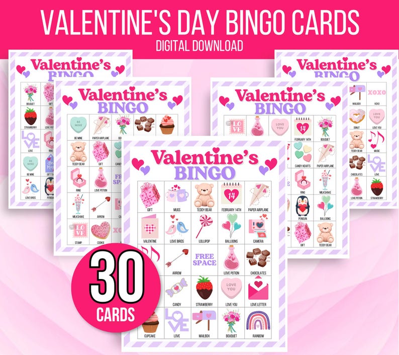 Valentine's Day Bingo, 30 Valentine's Day Bingo Cards, Valentine's Day ...