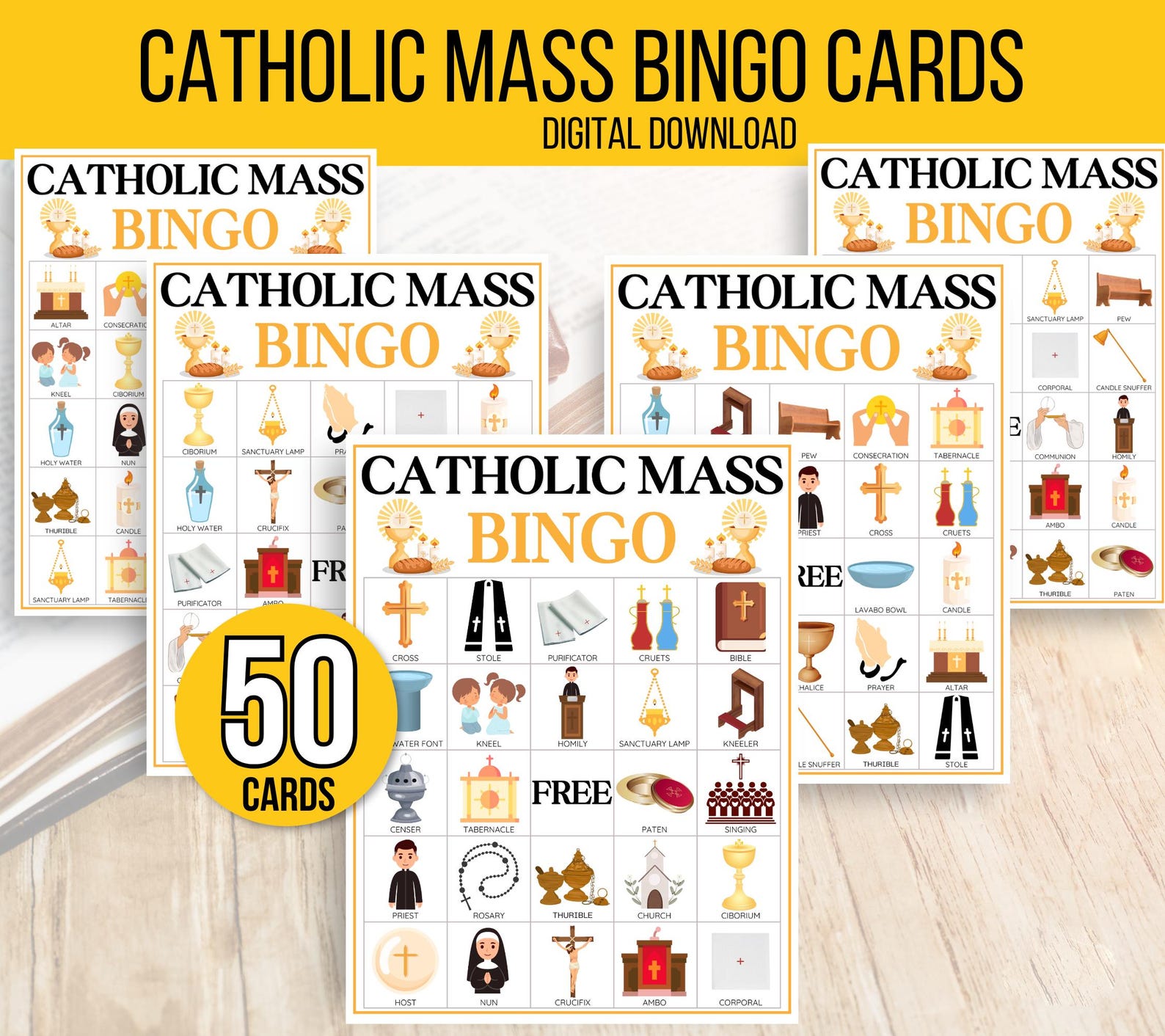 Catholic Mass Bingo, First Communion Bingo, 50 Catholic Mass Bingo ...