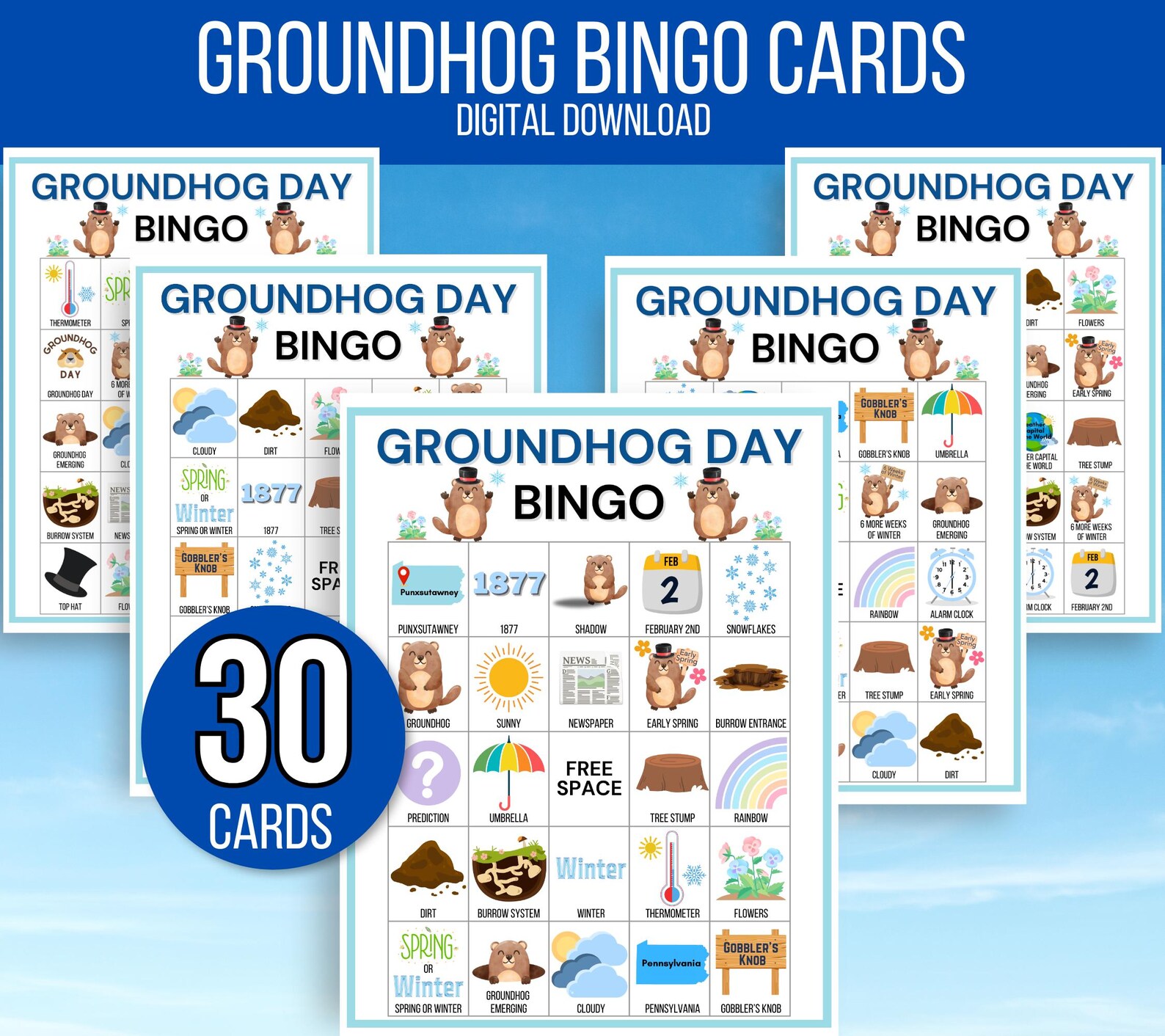 Groundhog Day Bingo, 30 Printable Groundhog Day Bingo Cards, Groundhog ...