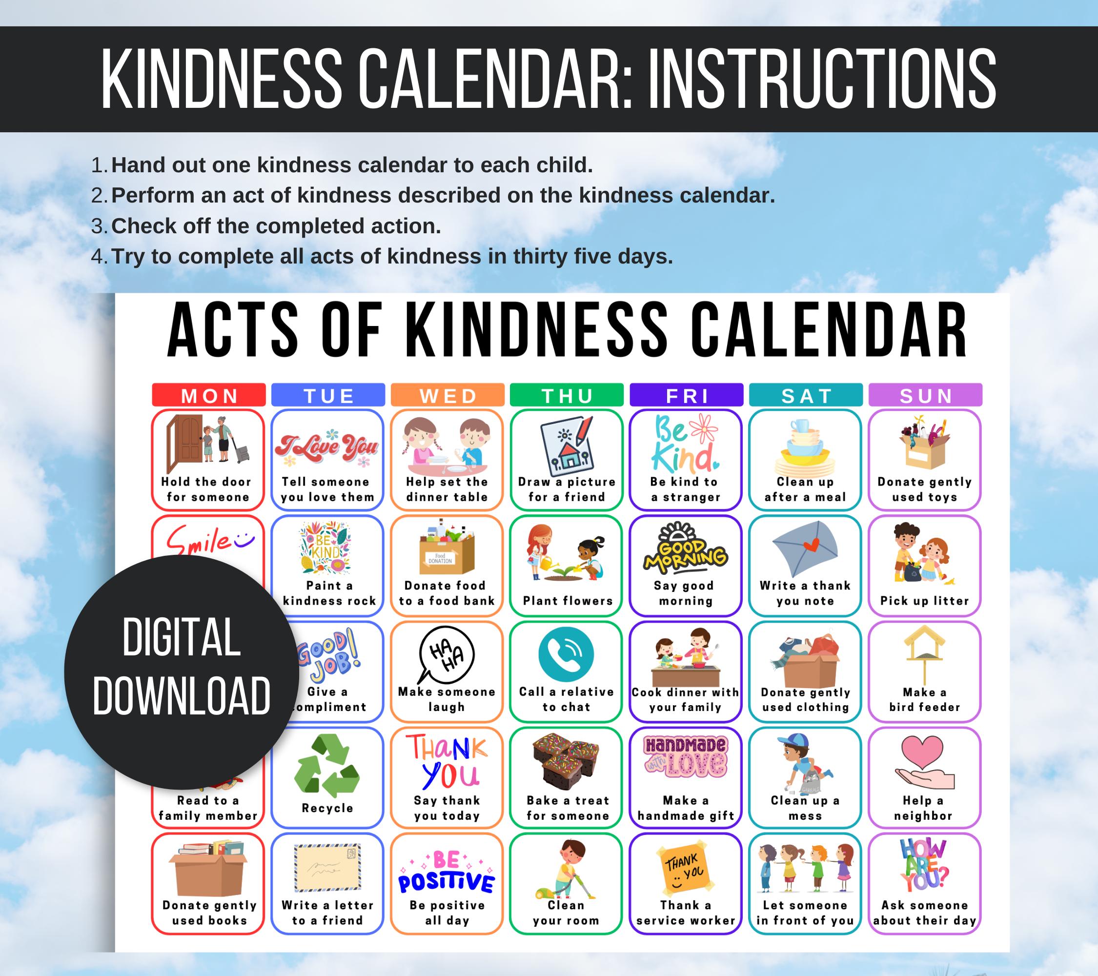 Kindness Calendar, Acts of Kindness Calendar, Kid's Kindness Challenge ...