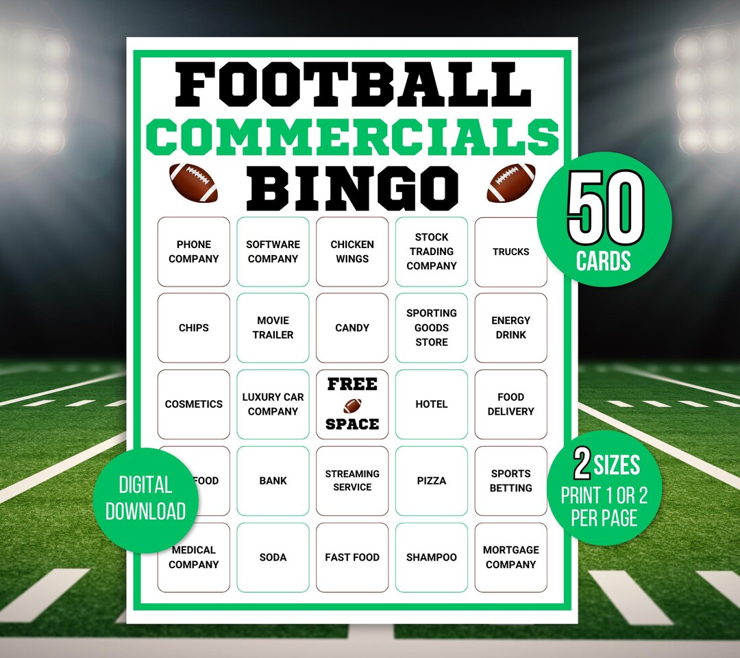 Football Commercials Bingo, 50 Big Game Day Bingo Cards, Football Watch ...