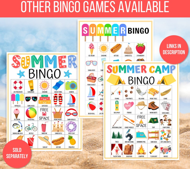 Summer Bingo, 40 Summer Bingo Cards, Coloring Bingo Game, Summer Game ...