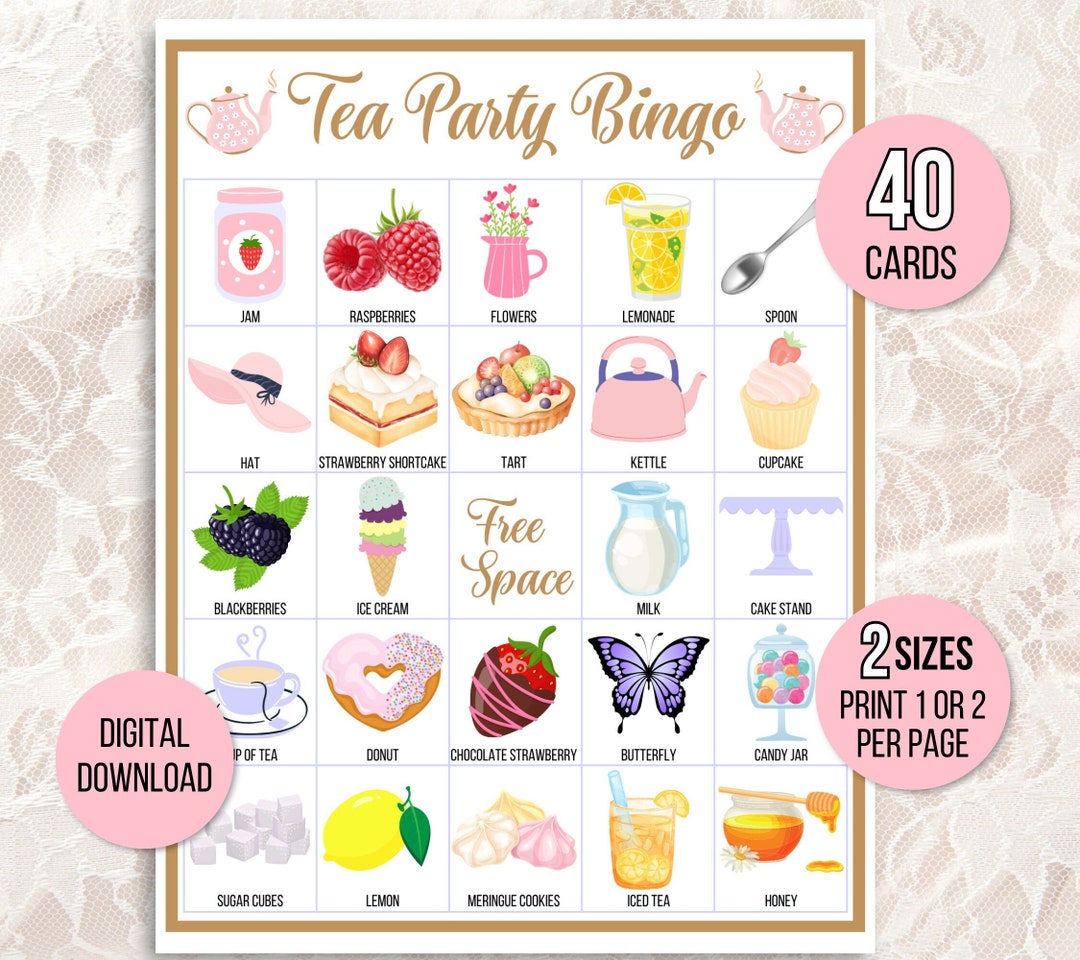 Tea Party Bingo, 40 Unique Printable Tea Party Bingo Cards, Tea Party ...