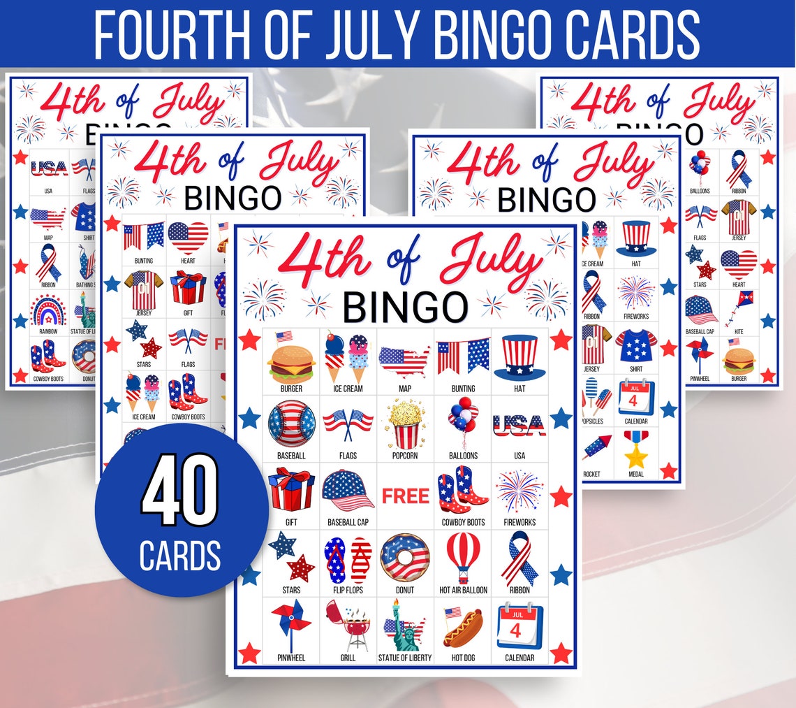 4th of July Bingo, 40 Fourth of July Bingo Cards, Patriotic Bingo ...