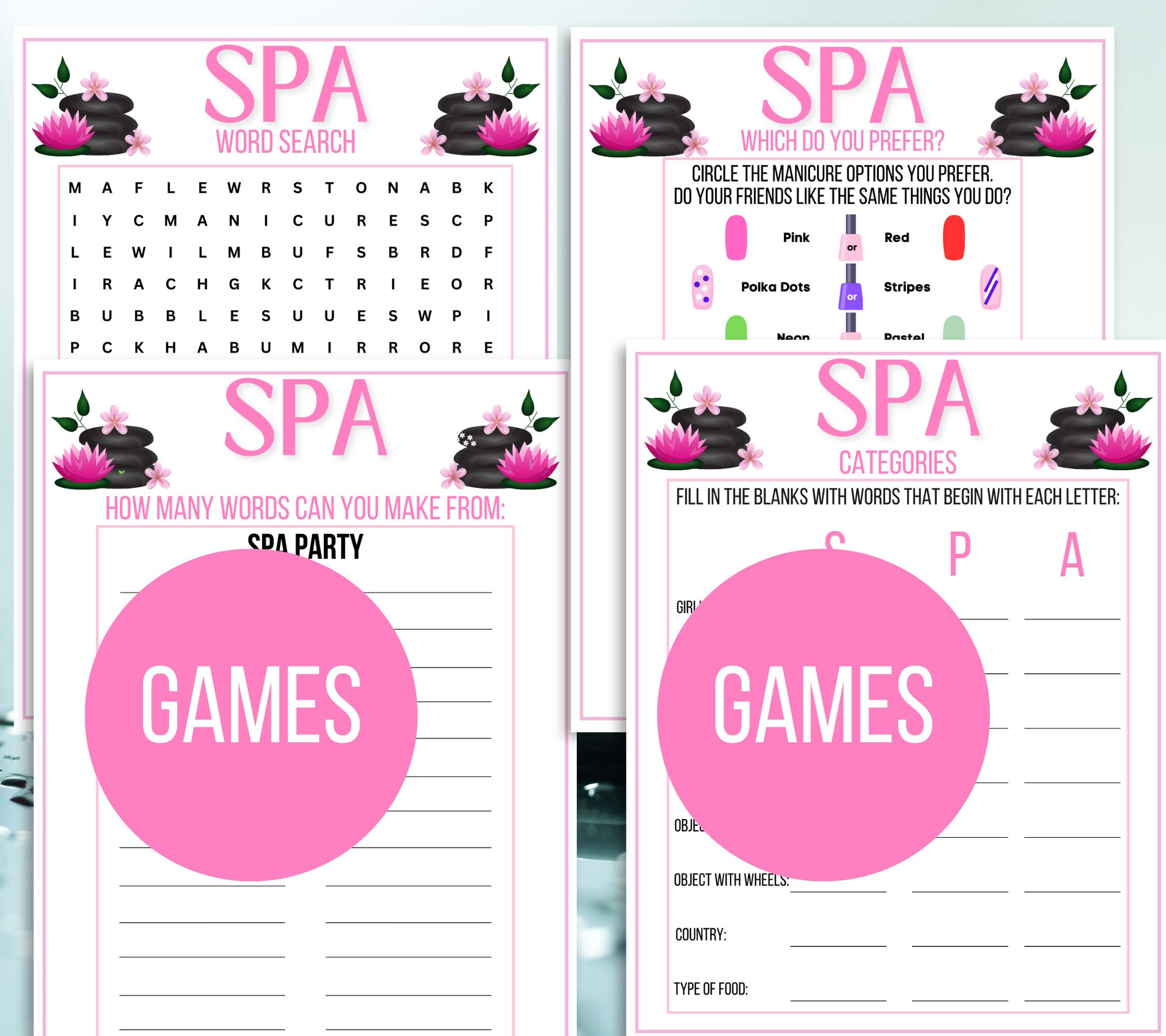 Spa Party Games Printable, Spa Party Activities, Girls Spa Party Games ...