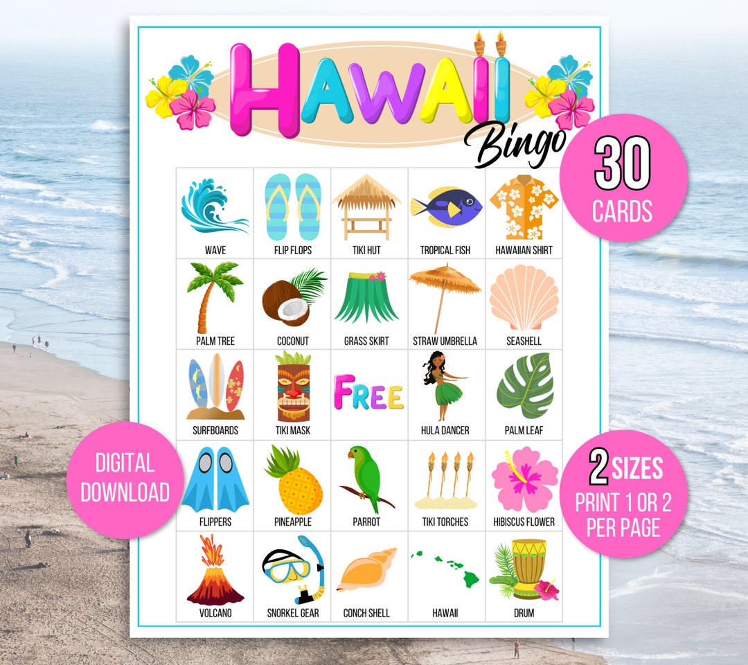 Hawaii Bingo, 30 Hawaii Bingo Cards, Luau Bingo, Aloha Bingo, Luau ...
