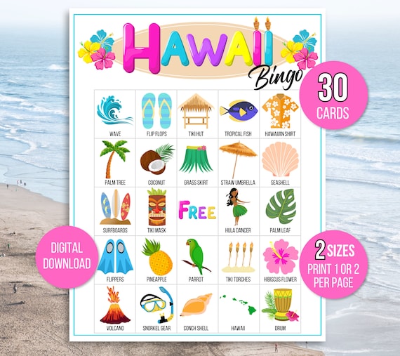 Hawaii Bingo, 30 Hawaii Bingo Cards, Luau Bingo, Aloha Bingo, Luau ...