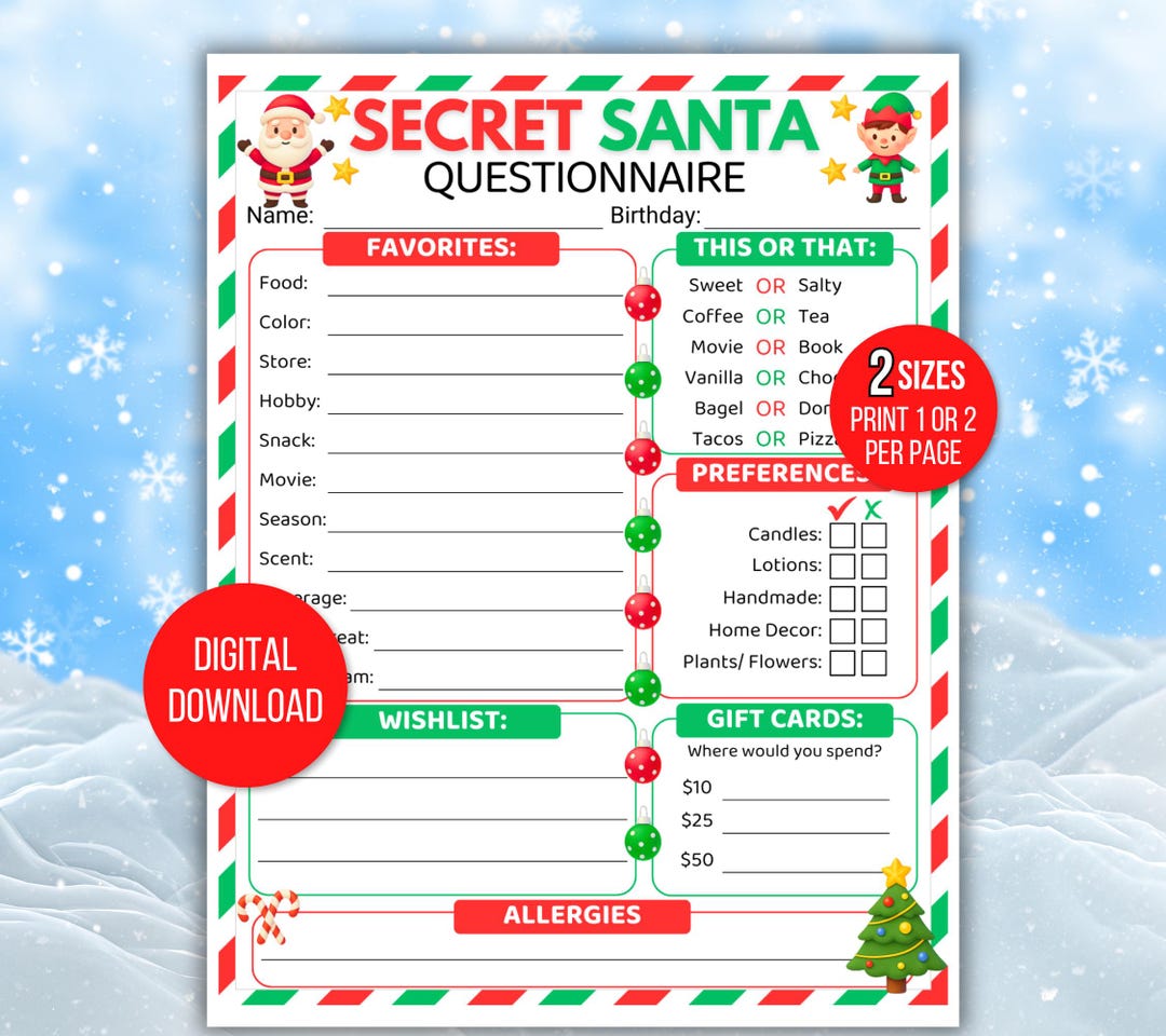 Coworker Secret Santa Questionnaire, Printable Secret Santa Questions ...