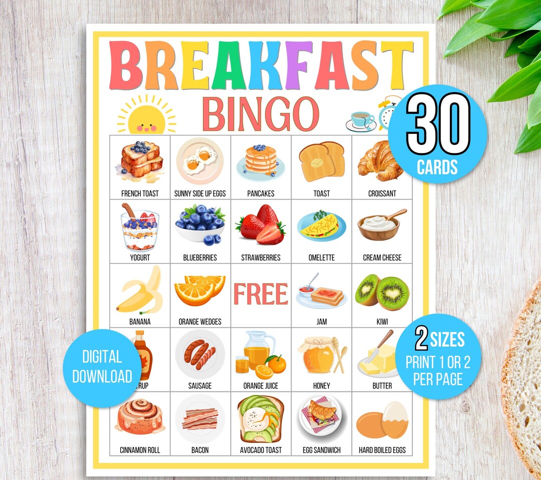 Breakfast Bingo, 30 Printable Breakfast Bingo Cards, Breakfast Bingo ...