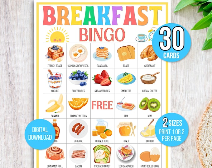 20 Breakfast Bingo Cards Printable Game, Sunday Brunch Bingo, Board ...