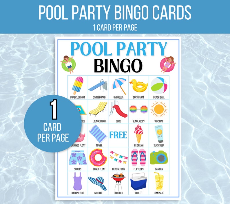 Pool Party Bingo, 30 Unique Printable Pool Bingo Cards, Pool Party Game ...
