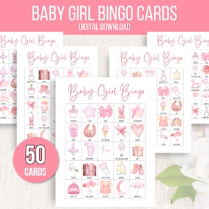 Baby Girl Bingo, 50 Baby Shower Bingo Cards, Baby Girl Shower Printable ...