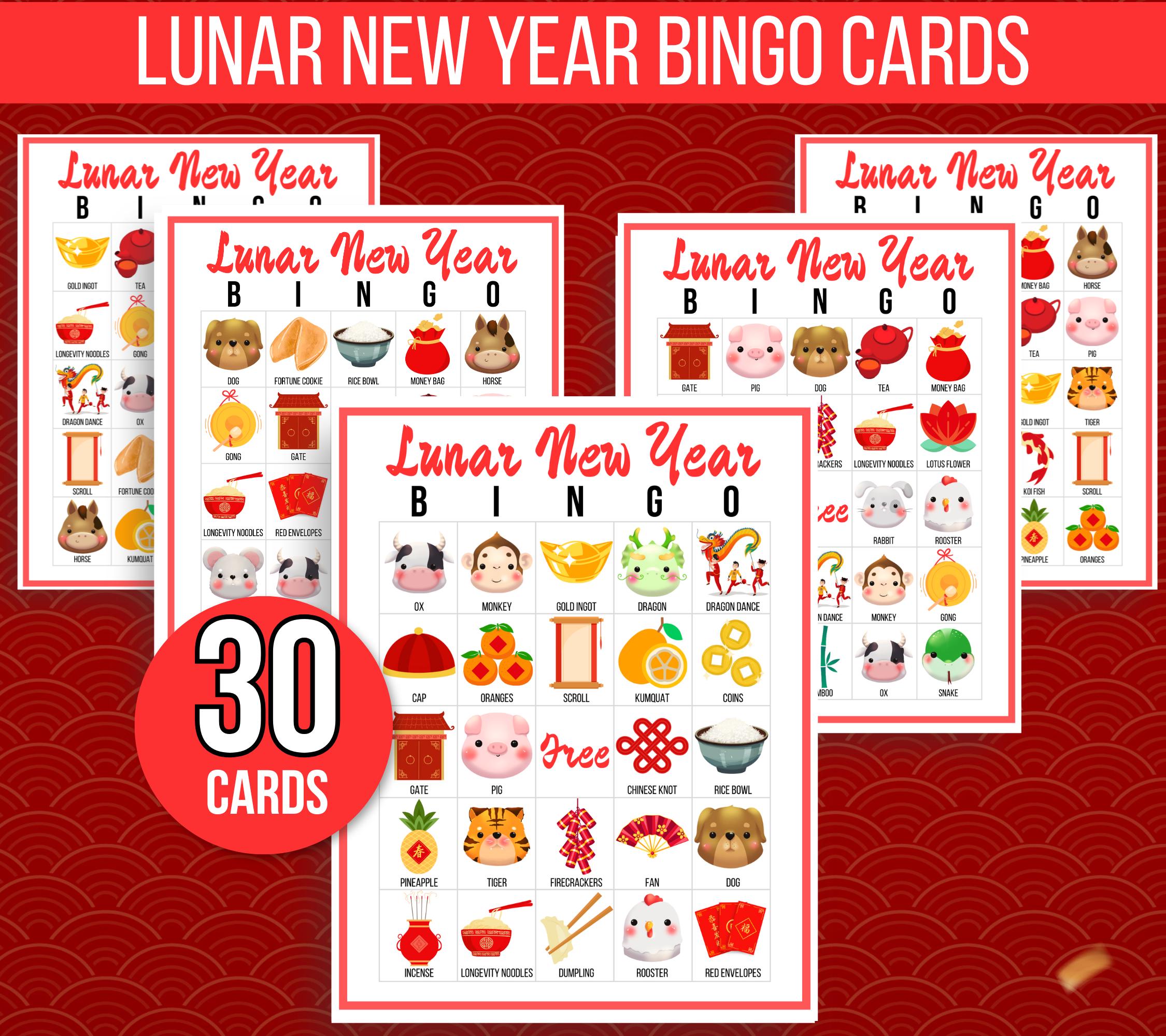 Lunar New Year Bingo, 30 Lunar New Year Bingo Cards, Lunar New Year ...