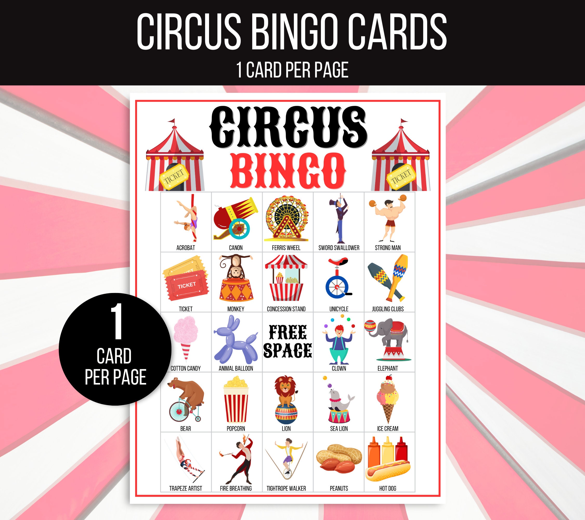 Circus Bingo, 30 Printable Circus Bingo Cards, Circus Party Game ...