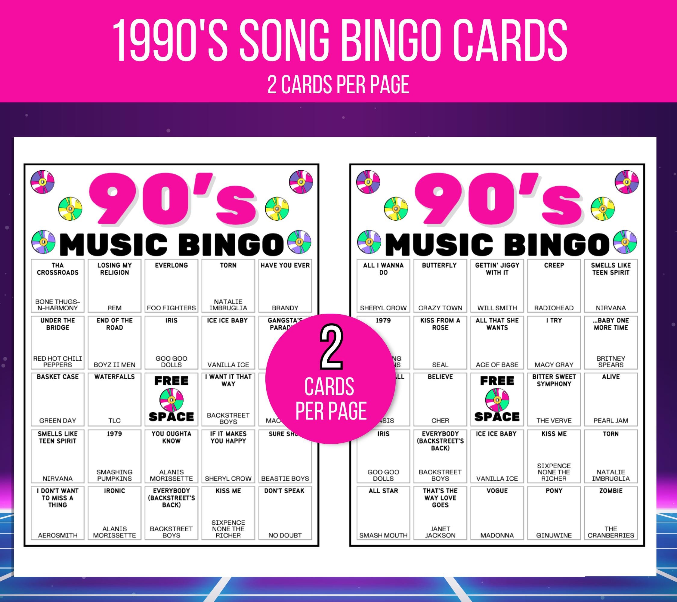 90s Bingo, 90s Song Bingo, 90s Music Bingo, 90s Retro Bingo, 50 ...