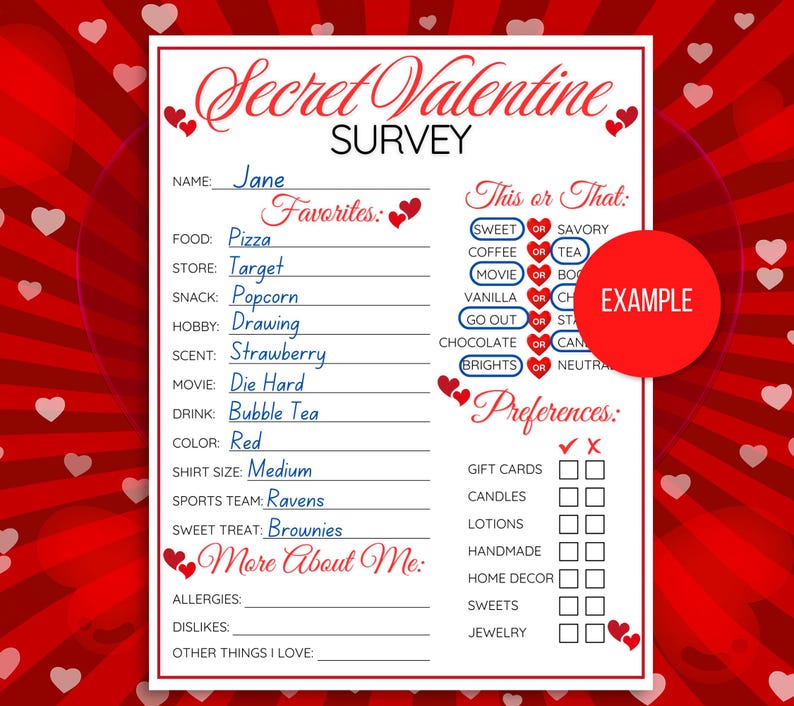 Secret Valentine Survey, Secret Valentine Gift Exchange, Printable ...