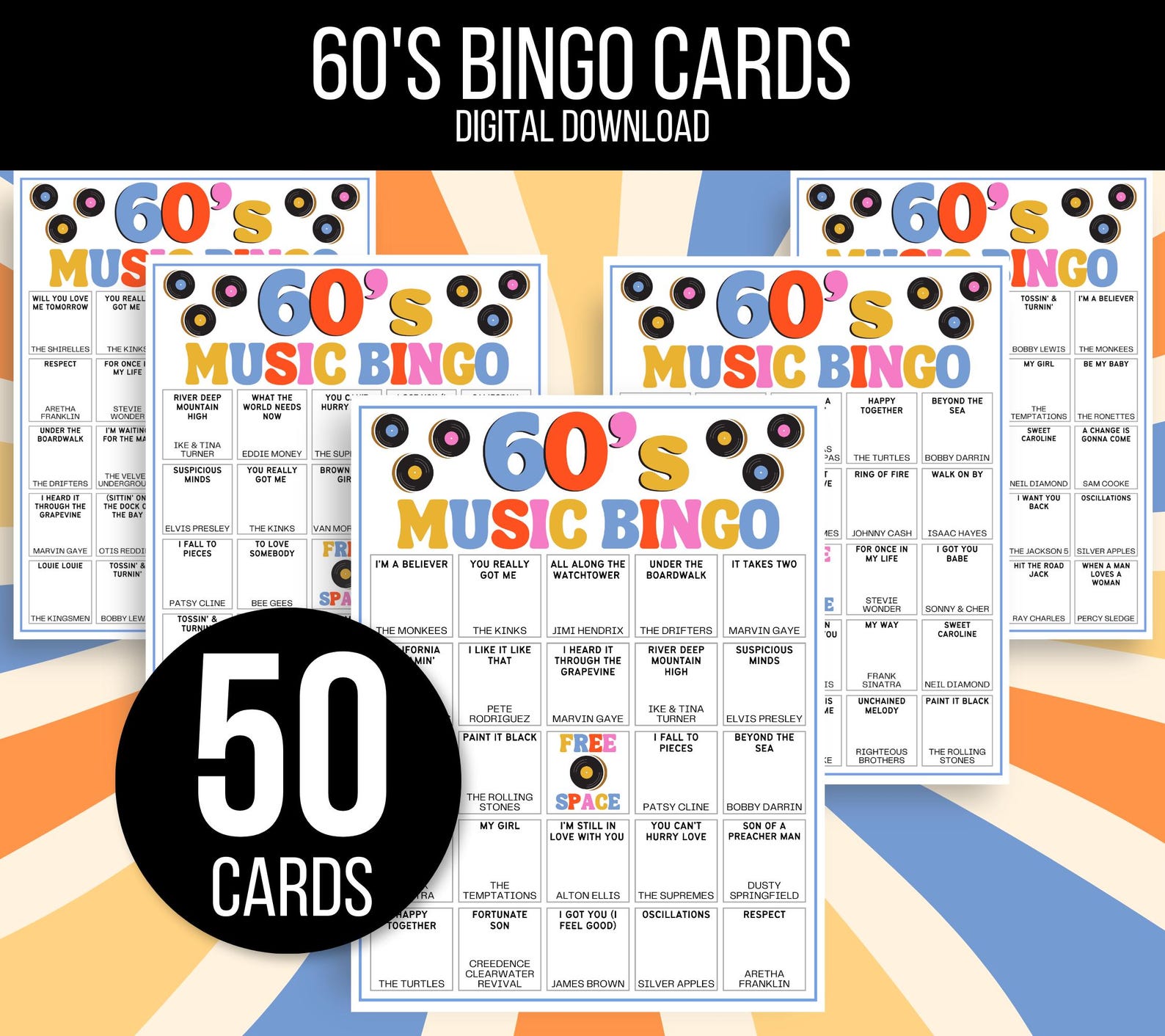 60s Bingo, 60s Song Bingo, 60s Music Bingo, 60s Retro Bingo, 50 ...